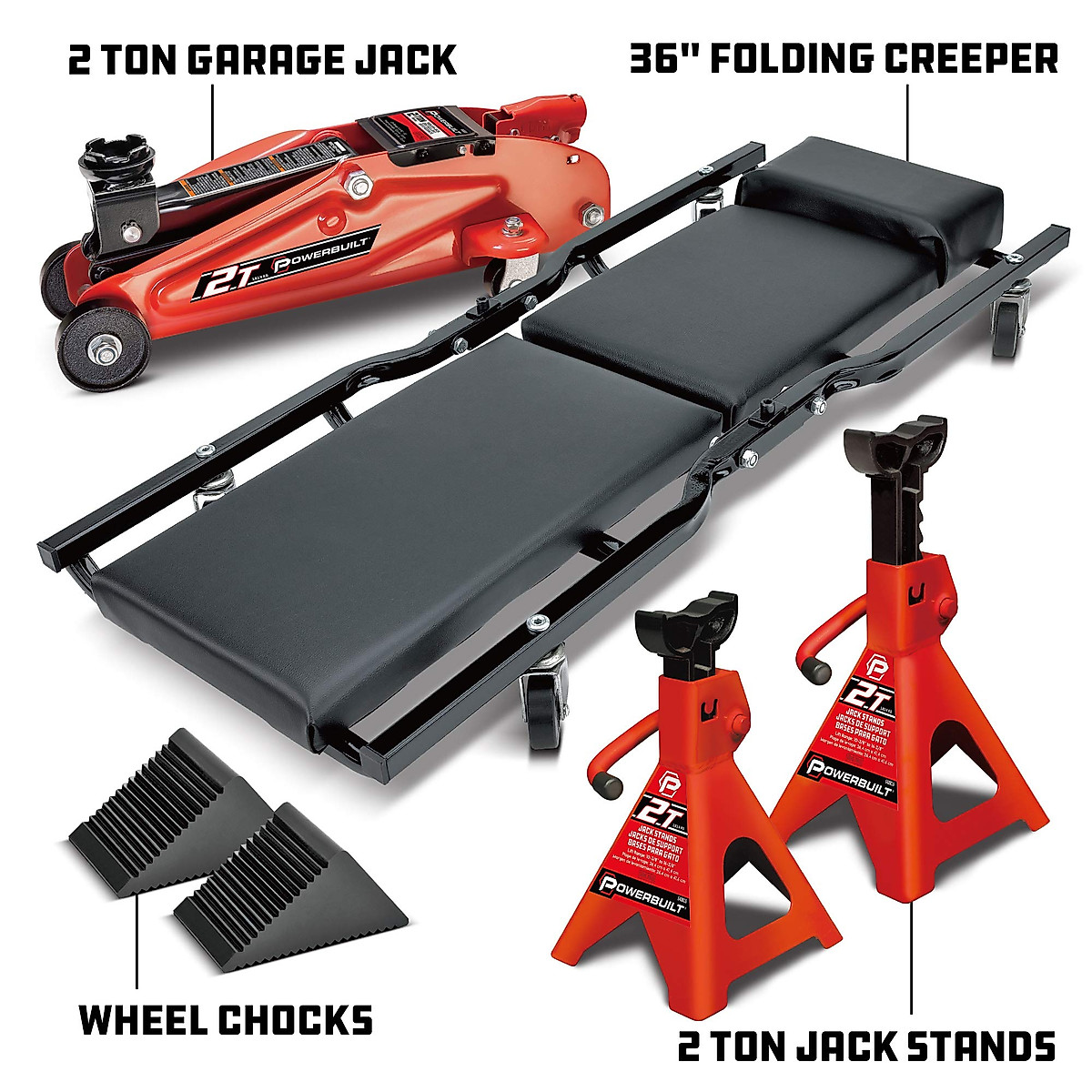 Powerbuilt 6 Piece Car Jack and Garage Creeper Service Set, 2 Ton Vehicle Lift, Jackstands, Folding Creeper, Wheel Chocks, Car Repair Garage Equipment - 640816, Large, Red