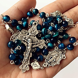 elegantmedical Handmade Blue Tiger Eye Beads Our Lady of Grace Rosary Cross Necklace Catholic Gifts
