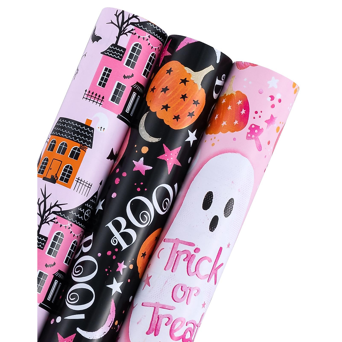 WRAPAHOLIC Halloween Wrapping Paper Roll - Mini Roll - 3 Rolls - 17 Inch x 120 Inch Per Roll - Dark Magic Castle, Ghost, Pumpkin Design for Halloween, Holiday, Party