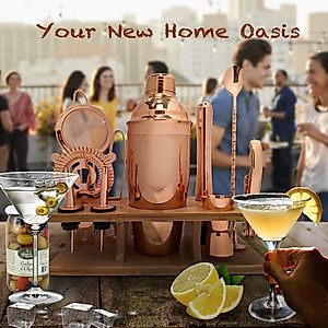 Bartender Kit, Rose Copper Cocktail Shaker set, 11-Piece Set, 24oz Martini Mixer, Muddler, Double Jigger, 2 Liquor Pourers, Mixing Spoon, Ice Tong, Strainer Set, Beer and wine opener with Bamboo Stand