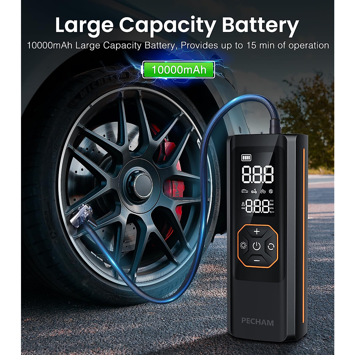 PECHAM Tire Inflator Portable Air Compressor,USB 5V 8000mAh Battery 150 PSI Cordless Tire Pump Electric Air Pump for Car Tires,Fits Car/Truck/Motorcycle/Balls/Bicycles