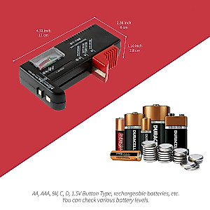electromott Universal Battery Power Tester - household all kinds of batteries life meter for AA AAA C D 9V 1.5V Button Cell Batteries with Storage Pouch