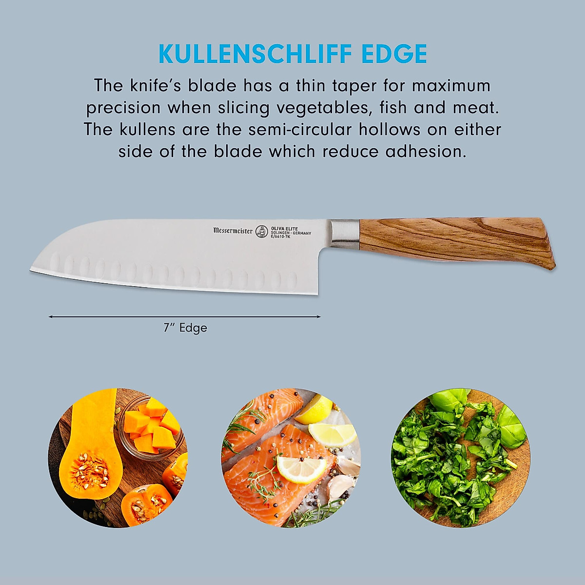 Messermeister Oliva Elite 7” Kullenschliff Santoku Knife - Japanese Chef’s Knife - German Steel Alloy Blade & Mediterranean Wood Handle - Rust Resistant & Easy to Maintain