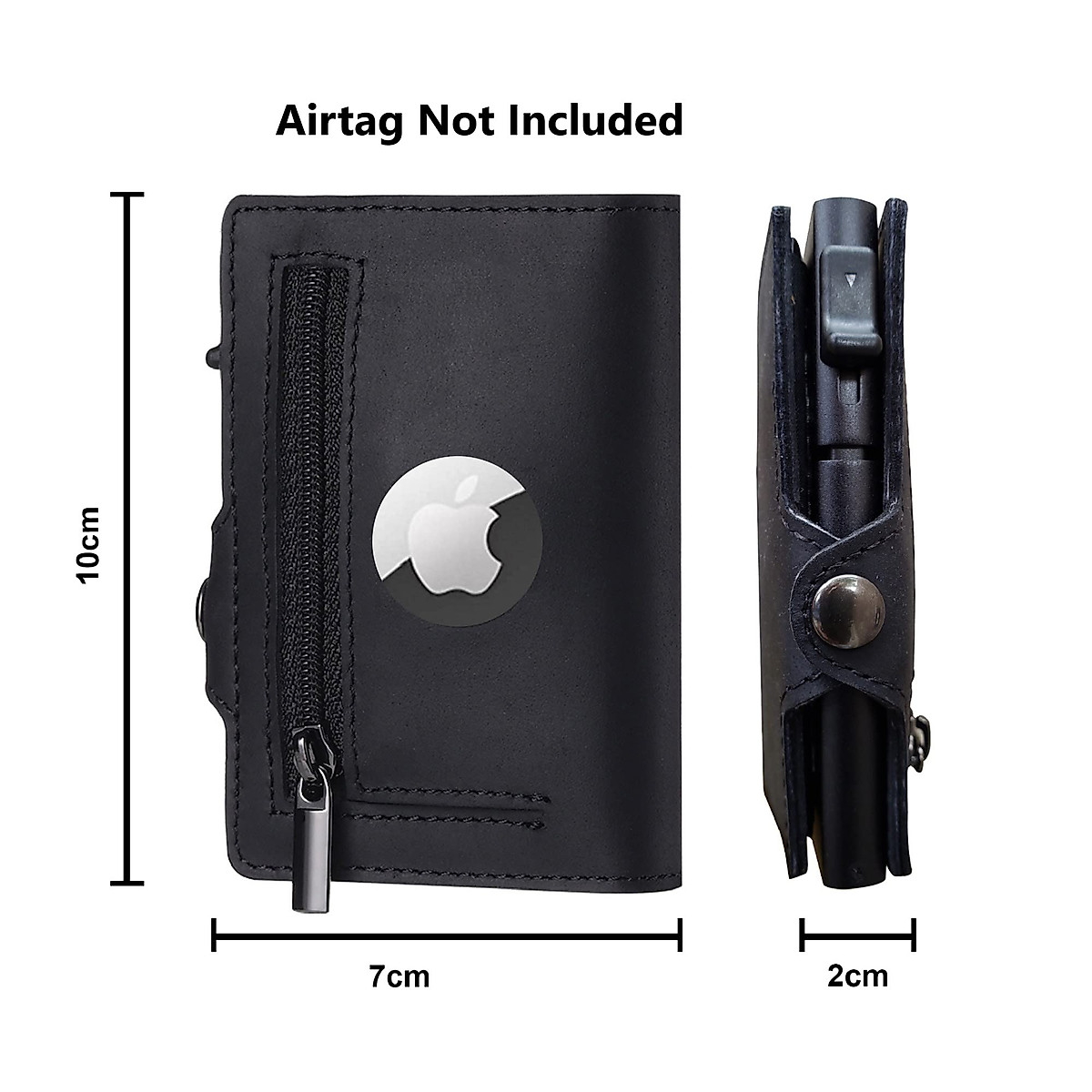 TNE Airtag Wallet (Airtag not Included) Genuine Leather Credit Card Money Holder Automatic Pop Up Mini Aluminum Wallet with Zipper Coin Pocket | Airtag Case Men or Women Air Tag Cover (Black)