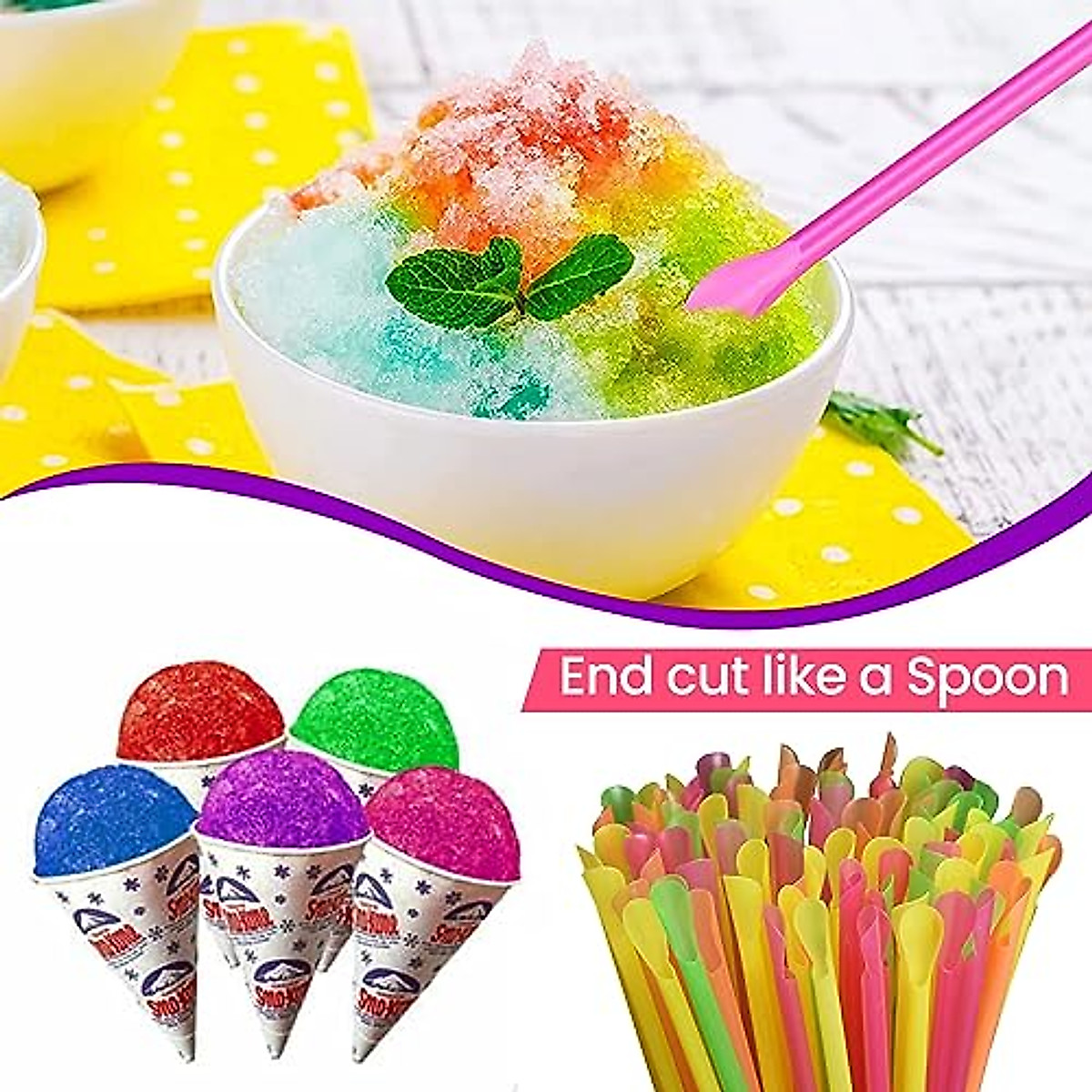 Concession Essentials 200 Count 6oz Snow Cone Cups with 200 8" Neon Spoon Straws