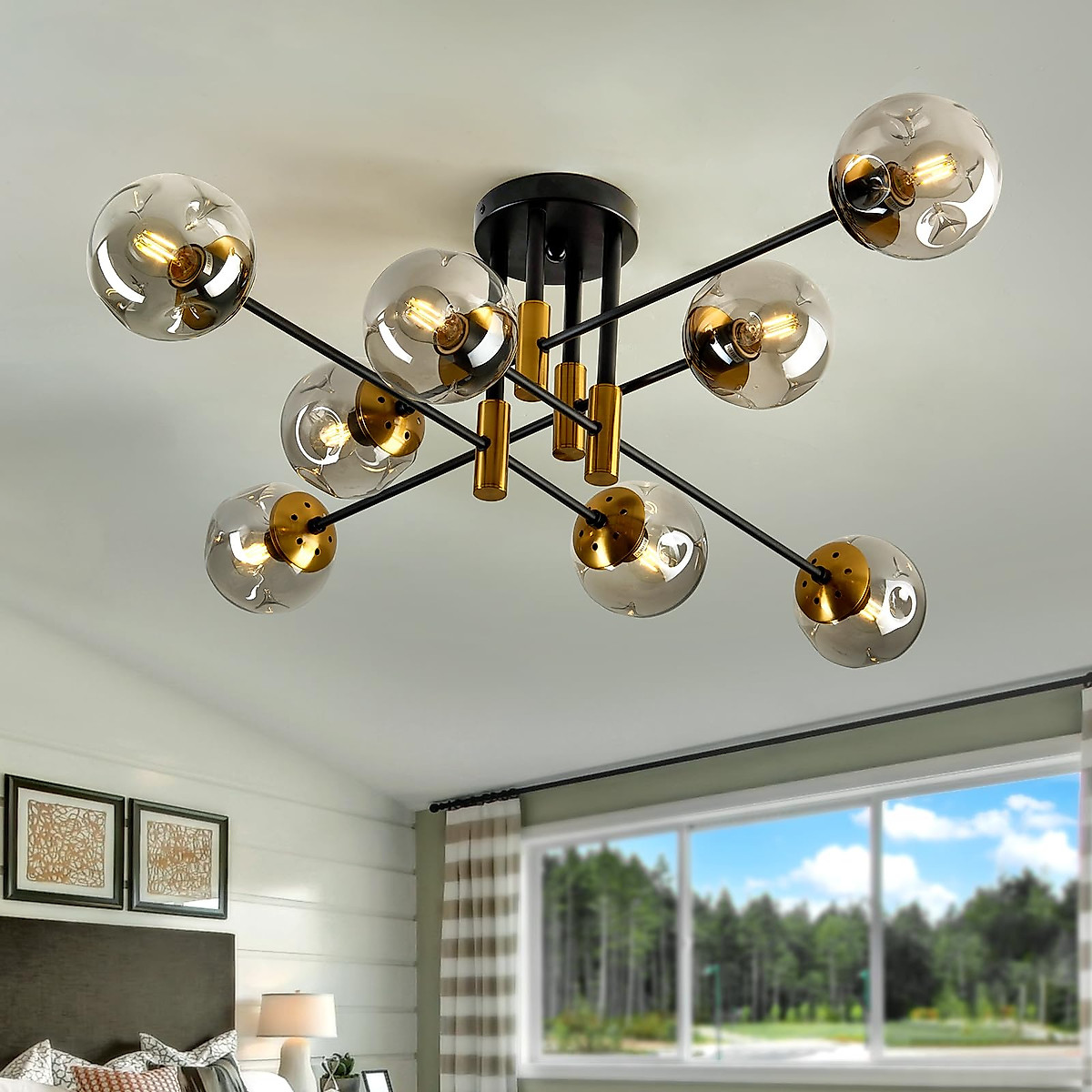 SZXYKEJI 8 Light Glass Globe Ceiling Light Black and Gold Mid Century Flush Mount Sputnik Light Fixture Bubble Chandelier Living Room Farmhouse for Dining Room Kitchen Bedroom.