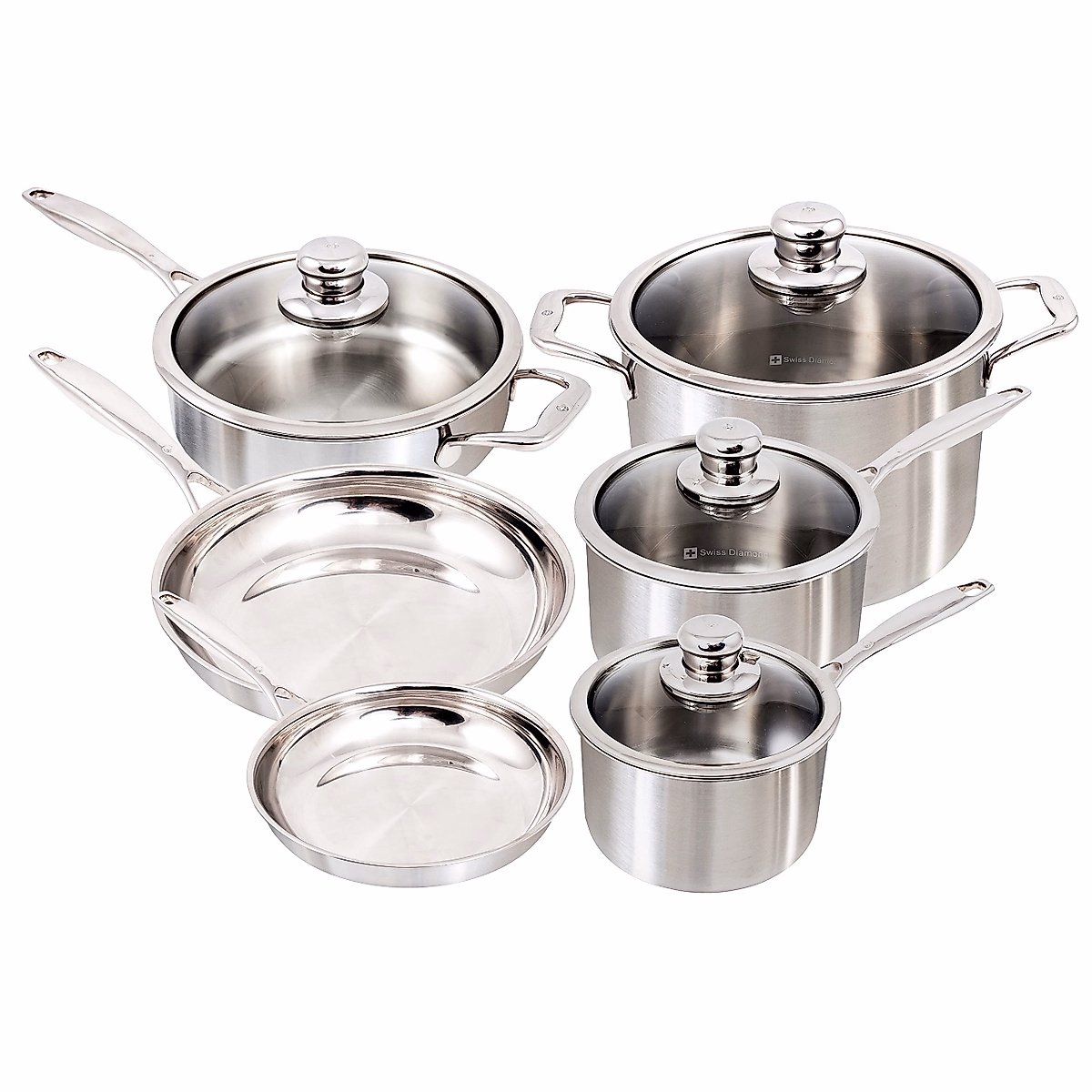 Swiss Diamond Premium Clad 5-Ply Stainless Steel 10 Piece Cookware Set with Satin Exterior Finish, Induction Compatible Stainless Steel Pots and Pans Set - Oven and Dishwasher Safe
