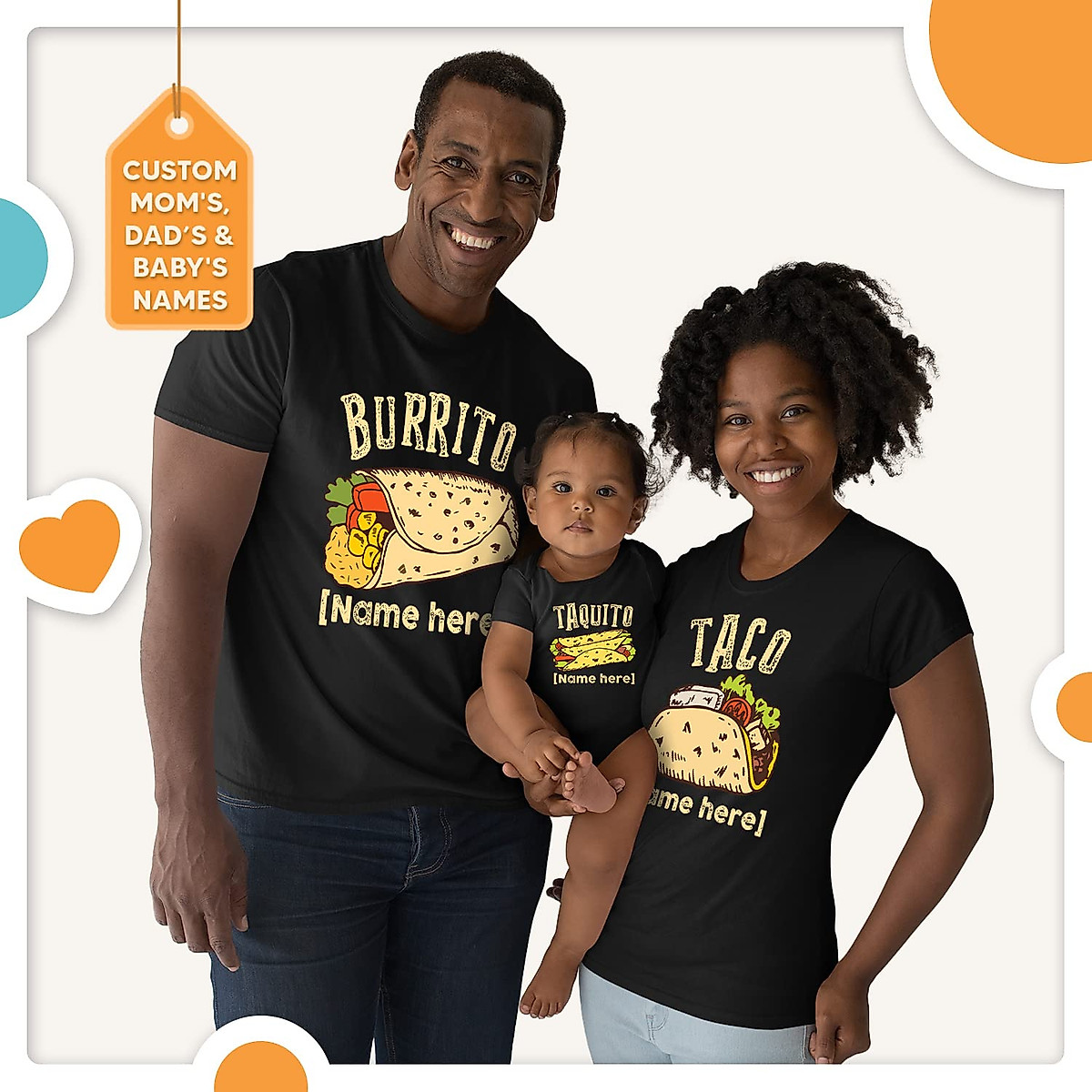 365fury Personalized Family Matching Shirt for 3, Burrito Taco & Taquito Matching Shirts Outfit Black, New Parent Gifts, Baby 1st Birthday, First Fathers Day