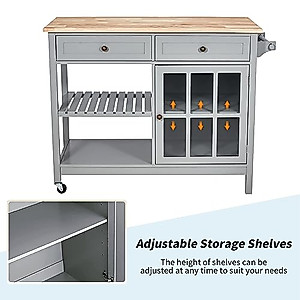 AVAWING Rolling Kitchen Island Cart with Storage, 42" Width Kitchen Cart w/ 2 Wheels, Coffee Cart with Drawers & Openshelves & Glass Cabinet & Towel Rack, Portable Islands, Grey