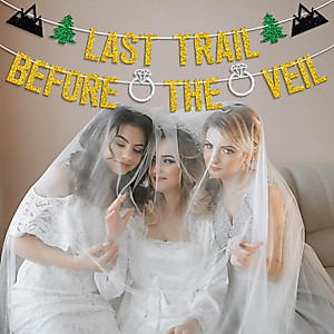 Last Trail Before the Veil Banner, Mountain Wedding Bridal Shower Bunting Sign, Hiking Camp Bachelorette Party Decorations Supplies, Gold Glitter