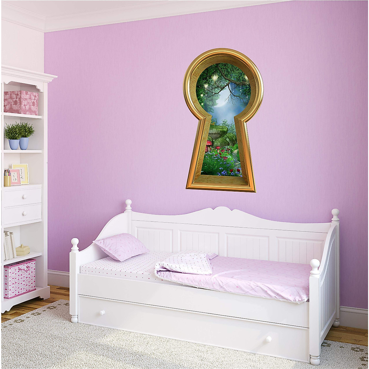 36" Keyhole 3D Window Wall Decal Enchanted Lantern Forest Wonderland Kids Room Decor Fantasy Mushroom Fairy Tale Removable Vinyl Wall Sticker - 36" Tall x 20.4" Wide