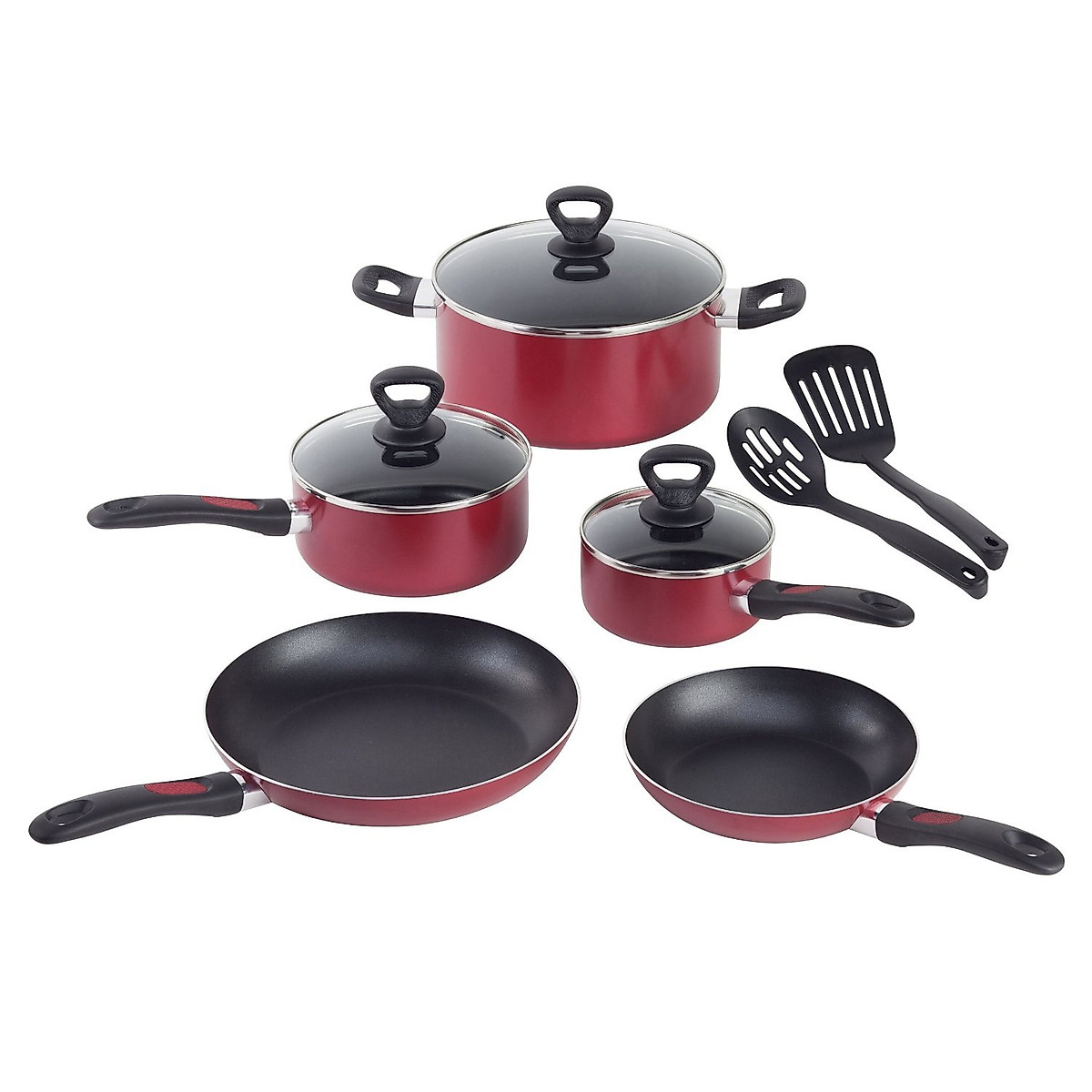 Mirro A796SA Get A Grip Aluminum Nonstick Cookware Set, 10-Piece, Red