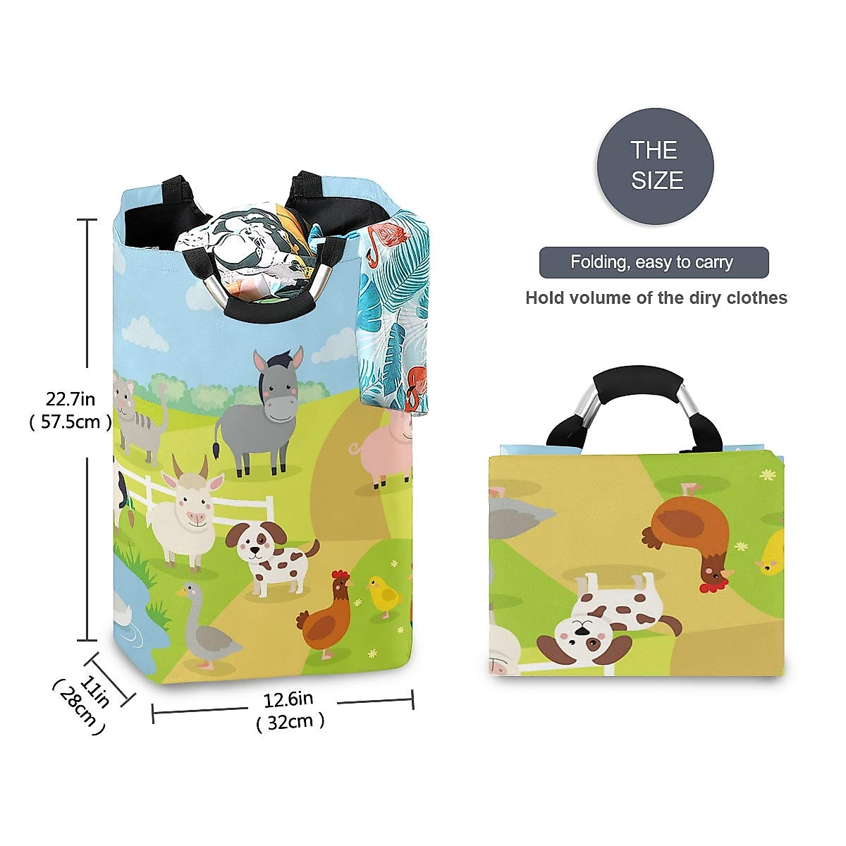 senya Farm Animals Large Laundry Basket Shopping Bag, Collapsible Fabric Laundry Hamper, Foldable Clothes Bag, Folding Washing Bin (e5)