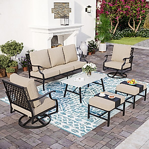 SUNSHINE VALLEY Patio Furniture Set, Modern Metal Outdoor Patio Furniture, 3 Seater Sofa, 2 Swivel Chairs, 2 Ottomans, Coffee Table and 5.75" Extra Thick Cushion, Patio Conversation Set for Backyard