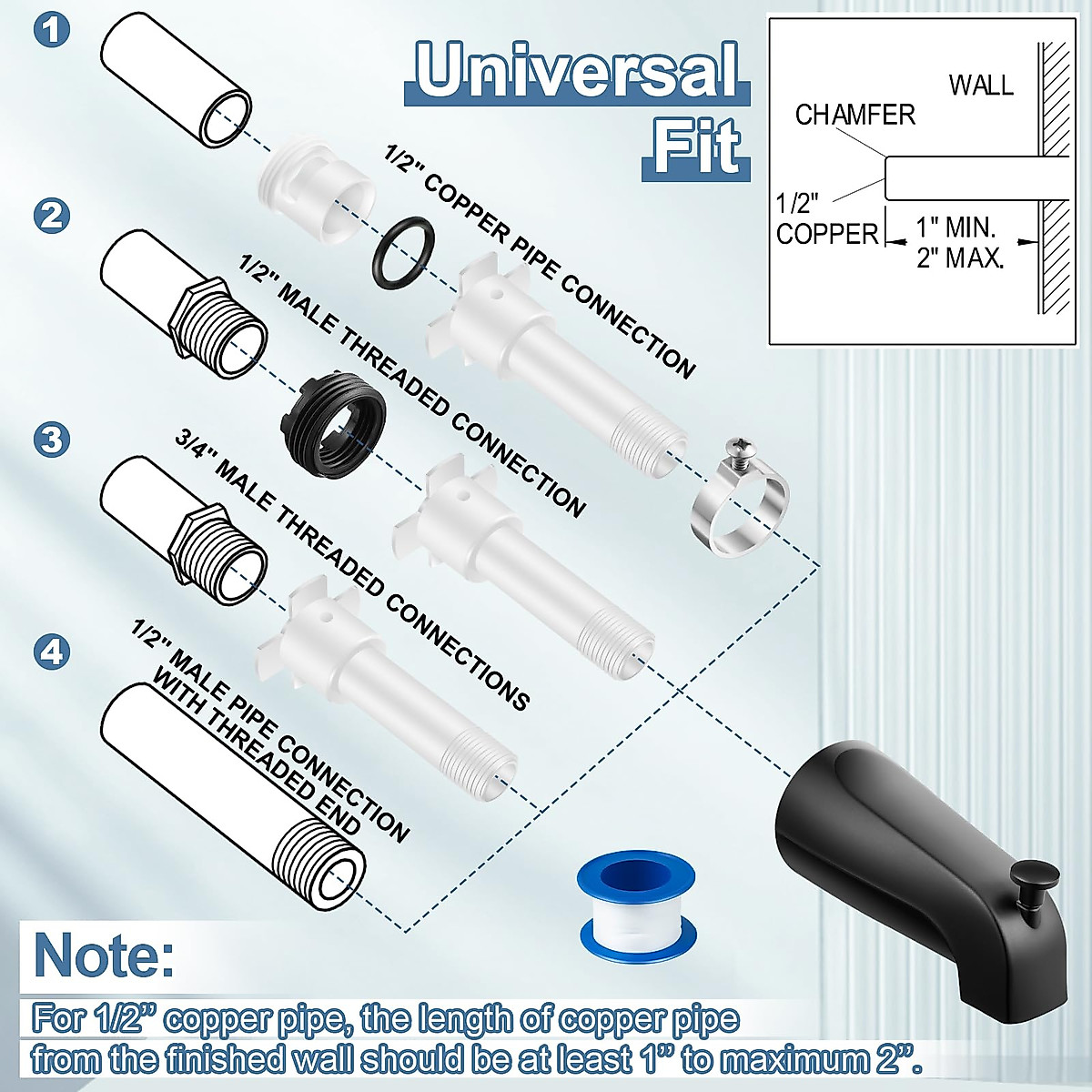 Enhon Tub Spout with Diverter, Universal Fits 1/2'' Copper Pipe, 1/2'' IPS and 3/4'' IPS, Bathroom Bathtub Tub Faucet Replacement with Adapters (Matte Black)