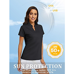 MAGCOMSEN Women's Polo Shirts Short Sleeve Sun Protection Collarless Workout Tops Moisture Wicking T-Shirts Black XL