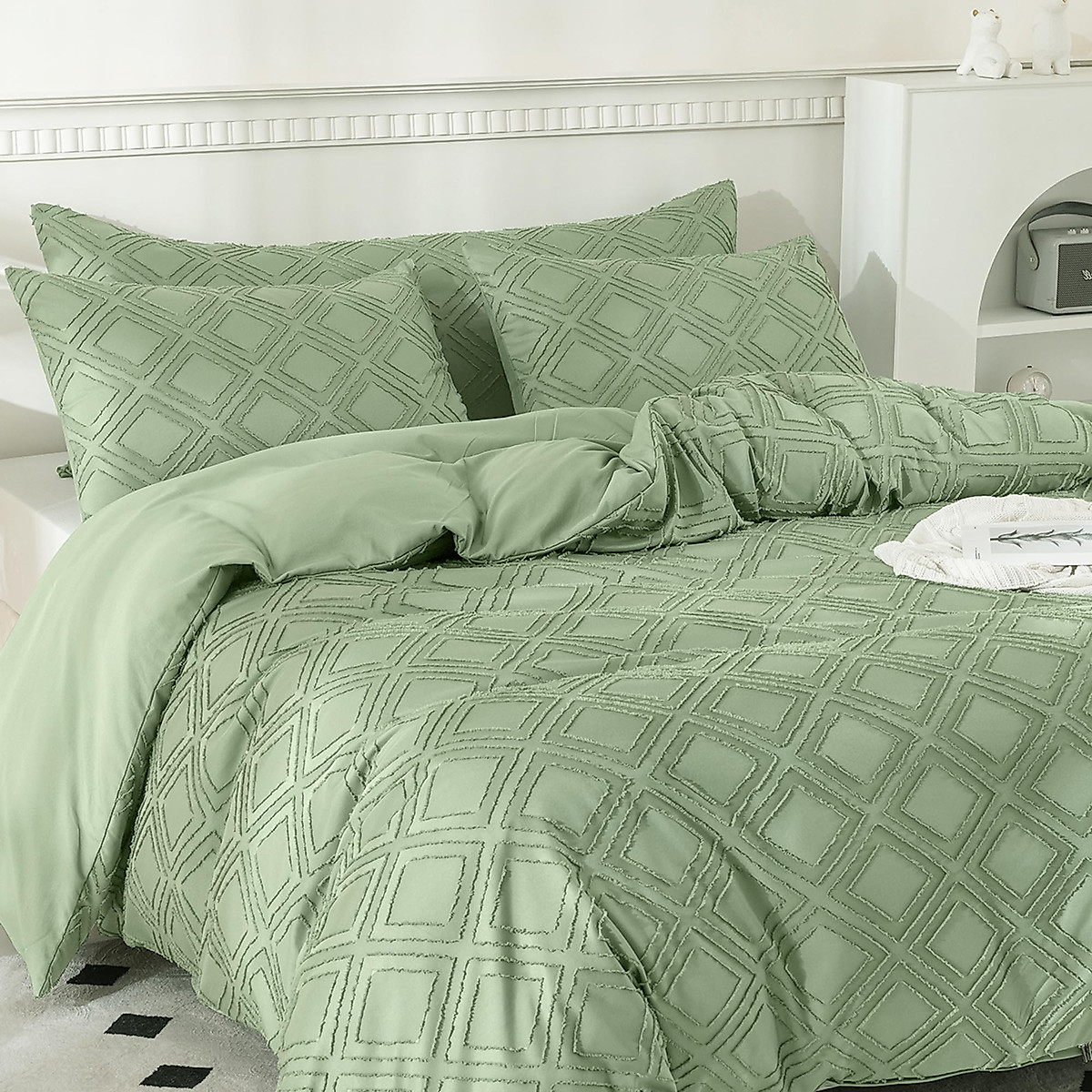 JELLYMONI Light Green Duvet Cover Full Size - 3 PCS Microfiber Tufted Duvet Cover Set, Boho Textured Duvet Cover Jacquard Rhombus Geometric Pattern Duvet Cover with Corner Ties & Zipper Closure