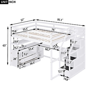Full Loft Bed with Stairs and Desk, Wood Loft Bed Frame with Storage Cabinet, High Loft Beds with Drawers & Shelf for Kids, Juniors, Teen, Boys, Girls, White