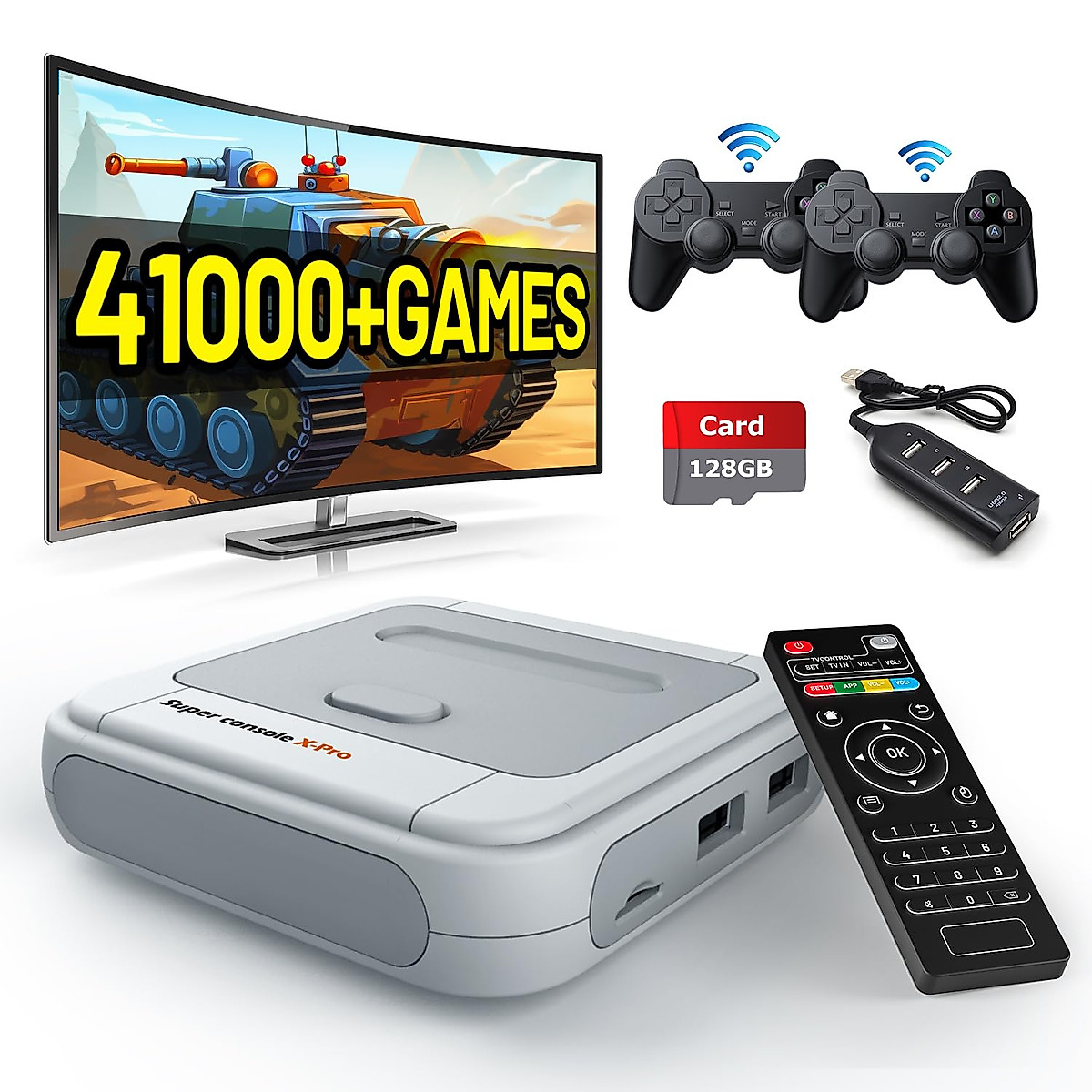 Kinhank Retro Game Console, Super Console X Pro Game System Built-In 41,000+ Video Games, Game Emulator Console With 50+ Emulators, Support 4k HD/AV Output(128G), LAN/WIFI, 2 Gamepads, Best Gifts