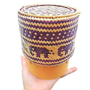 Bamboo Sticky Rice Serving Basket 5x6 Inch, Kratip, Intricately Woven Container, Round Shaped, Elephant Weave Pattern, Thailand Handmade, Dyed with Natural Based (Purple)