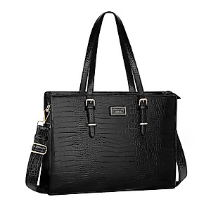 MOSISO Laptop Bag for Women Compatible with MacBook Air 15 inch M2 A2941 2023/Pro 16 inch M3 M2 M1 2023-2019, Crocodile Grain Waterproof PU Leather Large Capacity Work Travel Case, Black