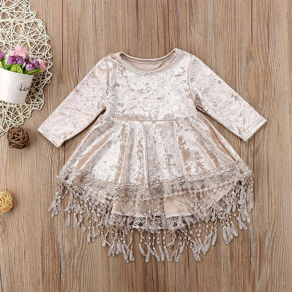 Vintage Princess Kids Baby Flower Girls Dress Silver Velvet Tassels Dresses Ruffle Long Sleeve Floral Lace Dress (Silver, 6-12Months)