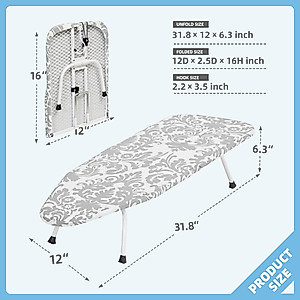 STORAGE MANIAC Tabletop Ironing Broad, All Iron Frame Mini Folding Ironing Broad with 2 Removable Cover, Portable Small Ironing Broad with 7 mm Thick Pad for Laundry Room, Dorms - Silver & Blue Flower