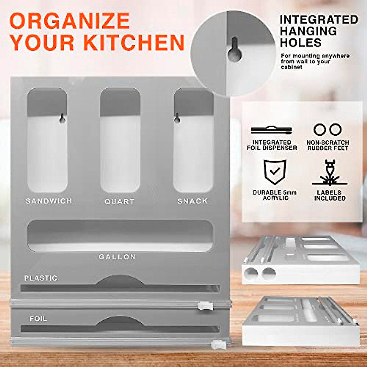 Acrylic Ziplock Bag Storage Organizer For Kitchen Organization Compatible with Gallon, Quart, Sandwich & Snack Variety Bags with Plastic Wrap, Aluminum Foil Dispenser & Cutters with Labels 6 IN 1