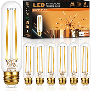 hansang E26 Edison LED Bulb, 40W Equivalent, 3000K Warm White Dimmable Tubular T10 LED Bulb, E26 Base Light Bulbs for Chandelier, Decorative Light Bulbs with Clear Glass, 120V, CRI85+, 400LM, 6 Pack