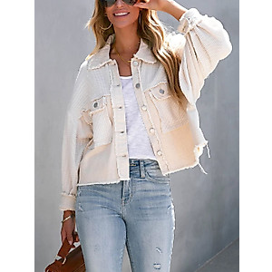 CHARTOU Women's Oversized Waffle Knit Shacket Cropped Color Block Jean Patchwork Blouse Shirt (Large, Cream)