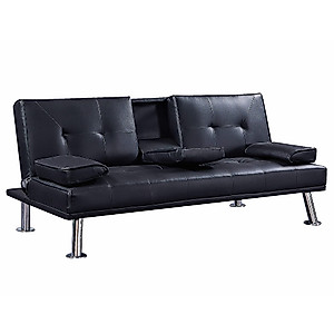 hansones Futon Sofa Bed Modern Linen Fabric Couch Bed Loveseat Convertible Daybed with 2 Cup Holders and Removable Armrests for for Compact Living Space Apartment Dorm Office (Black)