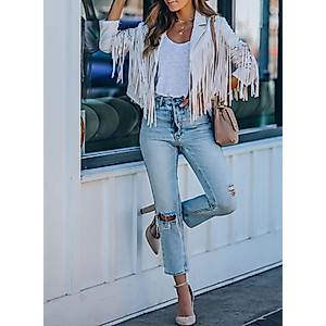 Dokotoo Womens Fall 2023 Jackets for Women Faux Suede Leather Casual Lapel Fashion Tassel Motorcycle Cropped Jacket White Small