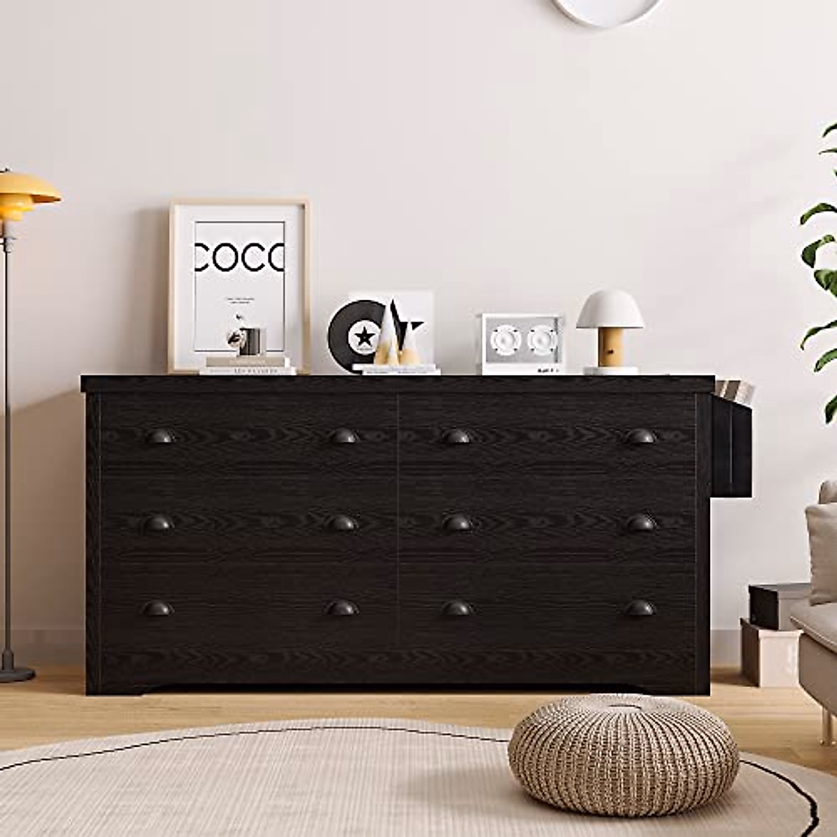 LIKIMIO Dresser for Bedroom 6 Drawer with Charging Station, TV Stand Storage Chest of Drawers for Living Room Hallway Entryway, MDF Board, Black