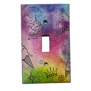 Colorful Unicorn World Kids Room Decor Image Light Switch Plate Single Toggle Plastic Wall Cover