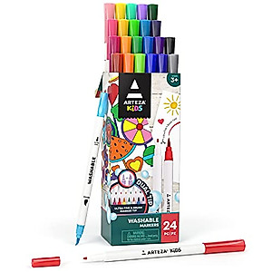 ARTEZA Kids Dual Tip Washable Markers, 24 Bright Colors, Marker Pens with Ultra Fine and Brush Tip, School Supplies for Kids Ages 3 and Up