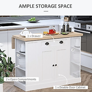 HOMCOM 47" Fluted-Style Wooden Kitchen Island, Kitchen Countertop Storage Cabinet with Drop Leaf, Drawer, Open Shelves, Storage, White