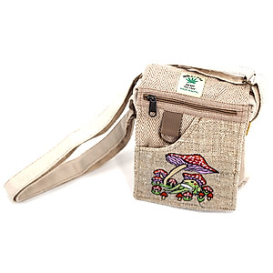 Unique design Mushroom Embroidery Hemp Hobo Passport crossbody bag Festival Travel Bag 100% Himalaya Hemp FAIR TRADE MADE Handmade with Love., Natural White