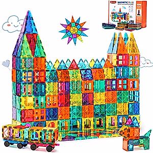 Magnetic Tiles Building Blocks, Magnet Toys for Kids, STEM Approved Educational Toys,3D Magnet Puzzles Stacking Blocks for Boys Girls,100 PCS Advanced Set with 2 Cars…