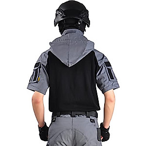Men's Combat Shirts Tactical Short Sleeve Shirt Cargo Military Airsoft T-Shirt with Hood Gray