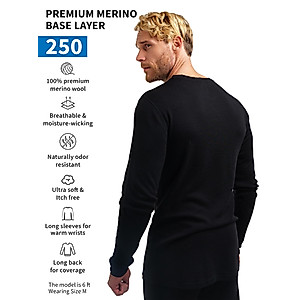 Merino.tech Merino Wool Base Layer - Mens 100% Merino Wool Long Sleeve Thermal Shirts Lite, Midweight, Heavyweight + Socks (Large, Black 250)
