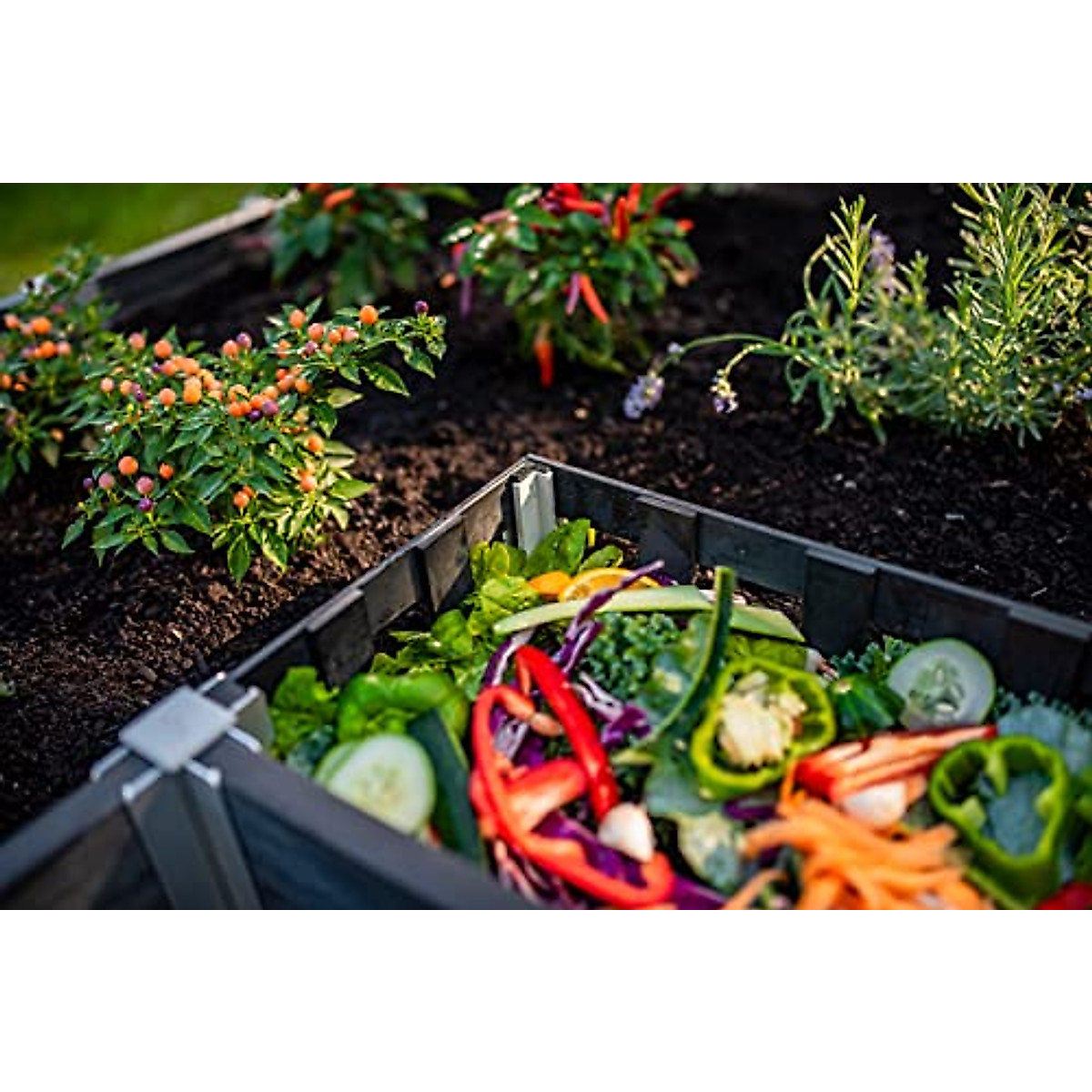 Vita Urbana 6 Foot x 6 Foot Embossed Vinyl Keyhole Garden with Composting Basket, Slate Grey, Gray, Woodgrain, PVC, BPA and Pthalate Free, VT17607