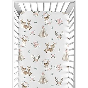 Sweet Jojo Designs Blush Pink, Mint Green and White Boho Baby or Toddler Fitted Crib Sheet for Woodland Deer Floral Collection