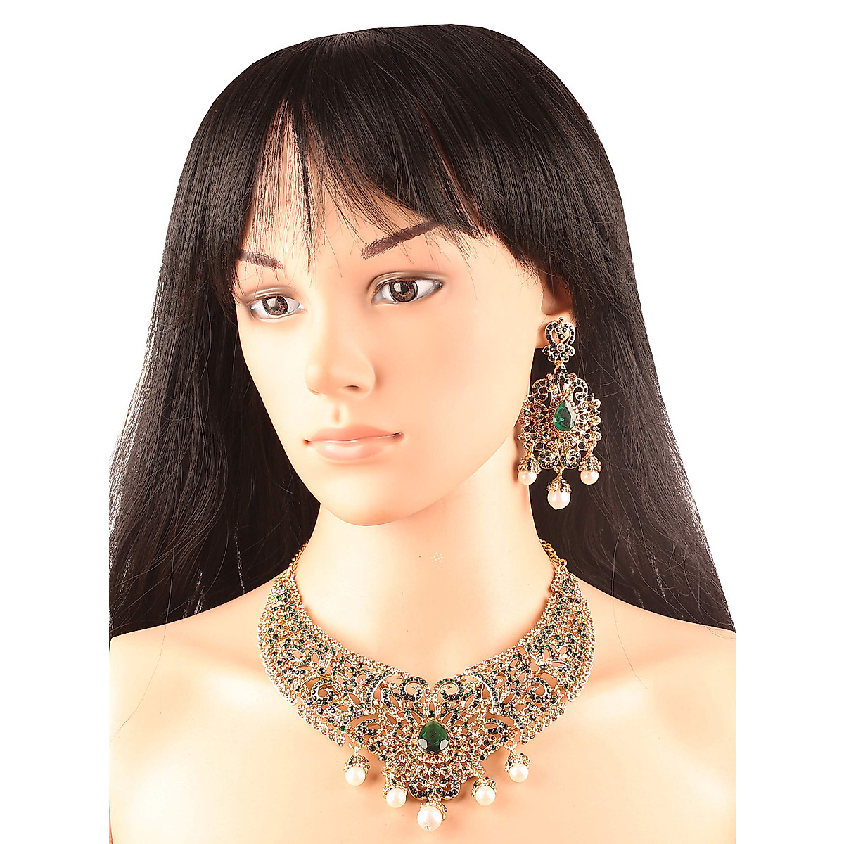 Touchstone New Indian Bollywood Desire Traditional Filigree Faux Green Emerald Color Exclusive Grand Bridal Jewelry Necklace Set in Antique Gold Tone for Women