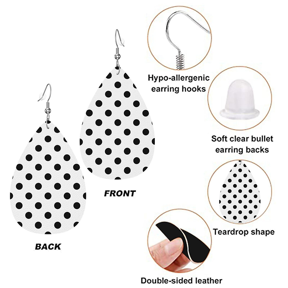 Faux Leather Earrings Black White Polka Dot Teardrop Dangle Earrings For Women