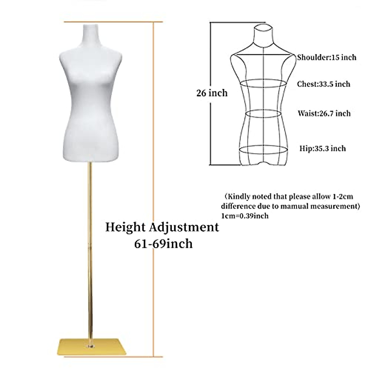 Female Dress Form Mannequin Torso,Height Adjustable Mannequin Stand,Realistic Model Display Body Stand with Metal Bracket and Rectangular Base Clothing Forms,White