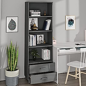 GOLINPEILO Wooden Highboard Bookcase, Dark Gray 4-Tier Bookshelf with 2 Drawers, Standard Book Shelves Display Shelf Solid Wood Pine for Home Office 23.6"x13.8"x70.9"(B) -AA