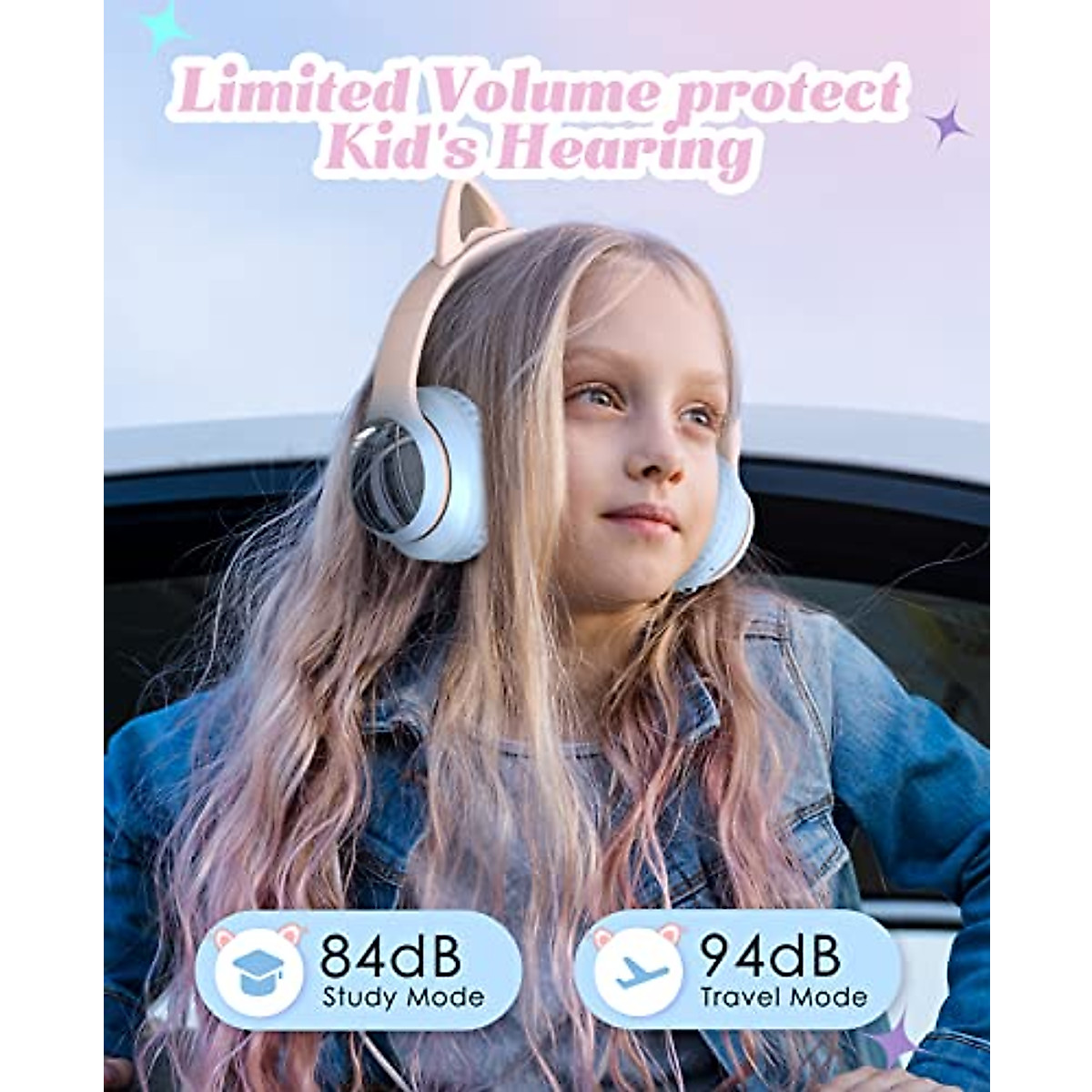 Bluetooth Headphones for Kids, Kid Odessey Cat Ears Wireless Kids Headphones, Bluetooth 5.3, 50H Playtime, 84/94dB Volume Limited, Colorful LED Lights, Built-in Mic Over-Ear Headsets for iPad/Tablet