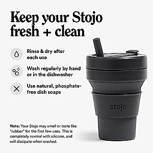 STOJO Collapsible Travel Cup With Straw - Carbon, 16oz / 470ml - Reusable To-Go Pocket Size Silicone Bottle for Hot and Cold Drinks - Perfect for Camping and Hiking - Microwave & Dishwasher Safe