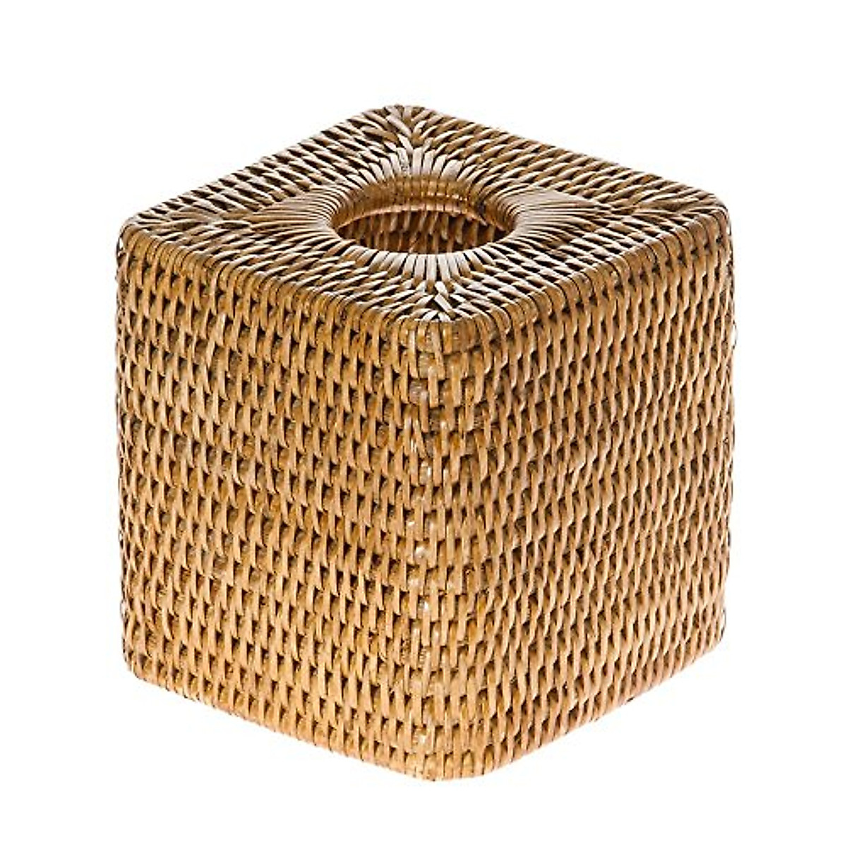 Kouboo La Jolla Rattan Round Waste Basket with Lid & Plastic Insert, 2 Gallon Woven Wastebasket & Home Decor, Honey Brown & 1030055 La Jolla Rattan Square Tissue Box Cover, 5.5" x 5.5" x 5.75"