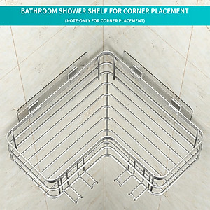 Yazoni Corner Shower Caddy, Adhesive Shower Shelves No Drilling [2-Pack], Rustproof Stainless Steel Bathroom Shower Organizer with 8 Hooks, Shower Shelf for Inside Shower (Silver)